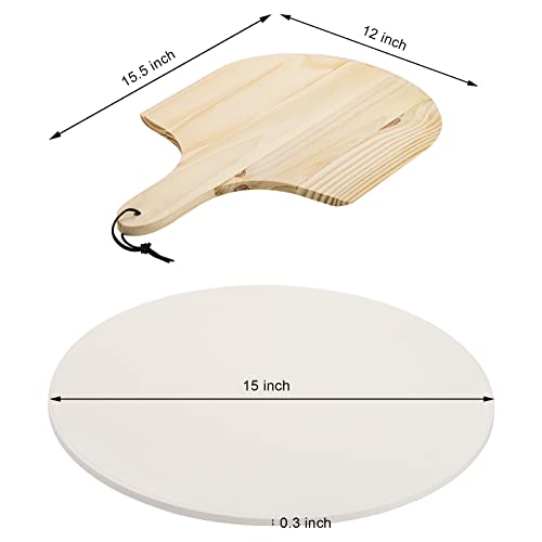 ZENFUN 15'' Round Pizza Stone with Wooden Pizza Paddle, Cordierite Pizza Stone Board for Grill, BBQ, Oven Safe, Baking, Pies, Pastry Bread, Calzone, Thermal Shock Resistant