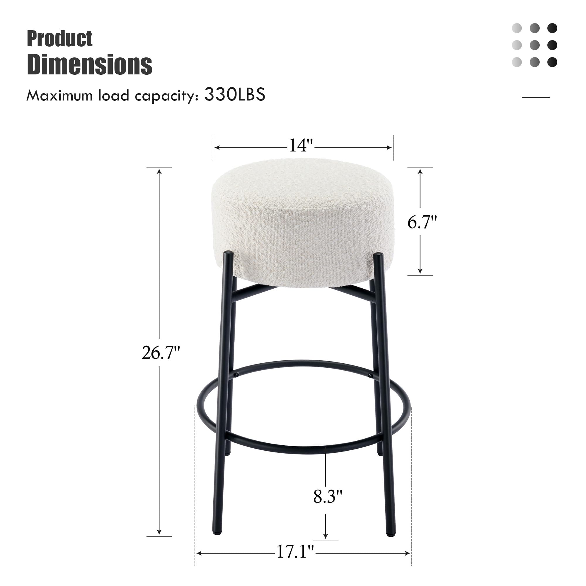 Flouki Swivel Bar Stools Counter Height, Modern Backless Stools for Kitchen Counter, Boucle Fabric Island Chairs with 6.7'' Thick Cushion and Metal Base, 26 inches H, Set of 2, White