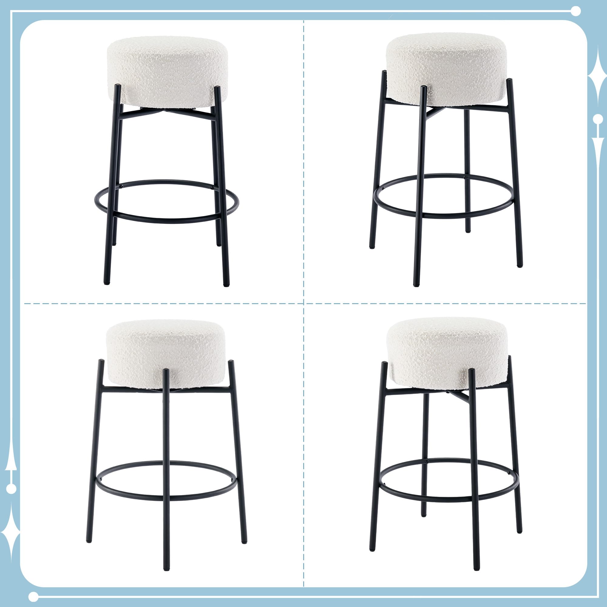 Flouki Swivel Bar Stools Counter Height, Modern Backless Stools for Kitchen Counter, Boucle Fabric Island Chairs with 6.7'' Thick Cushion and Metal Base, 26 inches H, Set of 2, White
