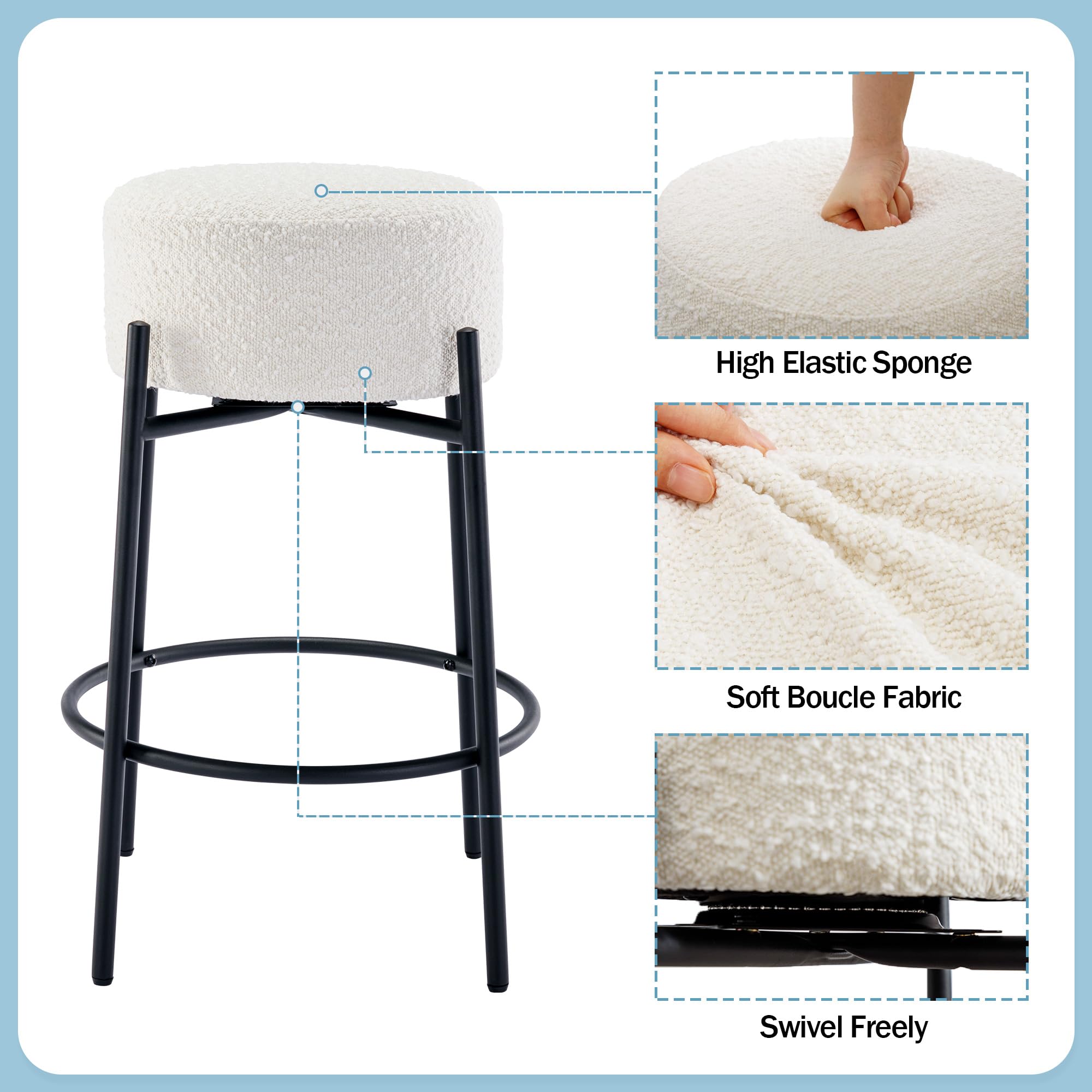 Flouki Swivel Bar Stools Counter Height, Modern Backless Stools for Kitchen Counter, Boucle Fabric Island Chairs with 6.7'' Thick Cushion and Metal Base, 26 inches H, Set of 2, White