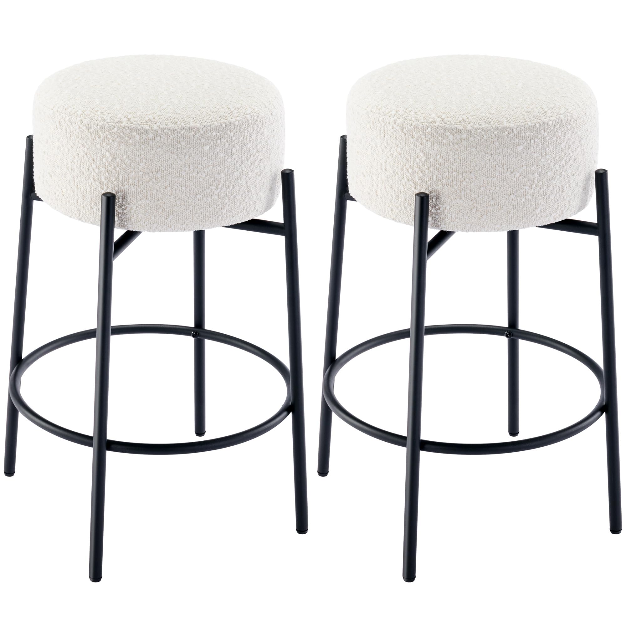 Flouki Swivel Bar Stools Counter Height, Modern Backless Stools for Kitchen Counter, Boucle Fabric Island Chairs with 6.7'' Thick Cushion and Metal Base, 26 inches H, Set of 2, White