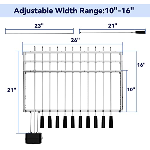 Skyflame Shish Kabob Skewers Set with Adjustable Speed Electric Motor, Stainless Steel Adjustable Length Automatic Rotating Rotisserie BBQ Grill Rack Kit with 10pcs Skewers for Most Grills