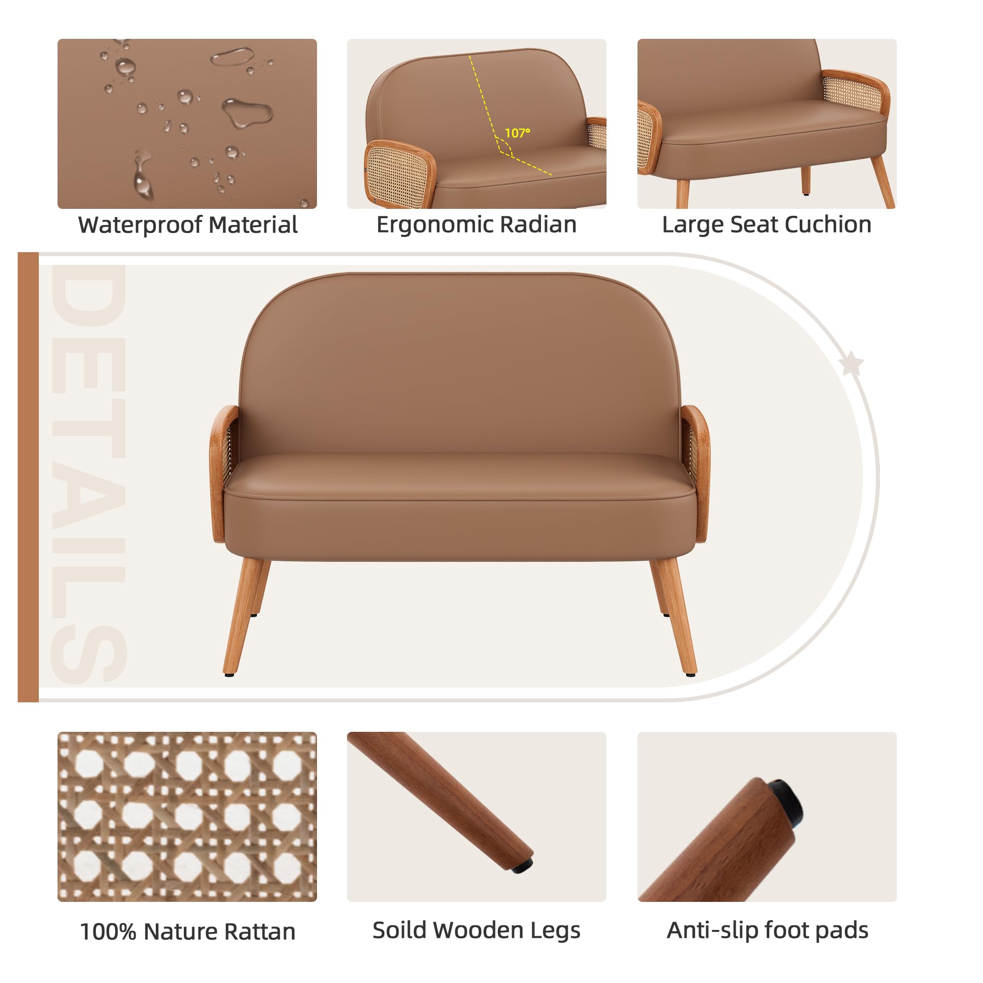 WENTMENT Loveseat Sofa Small Couch for Living Room, Faux Leather Mini Couch Love Seat with Natural Rattan Armrest and Solid Wooden Legs Small Sofa for Small Space, Bedroom, Apartment(Brown)