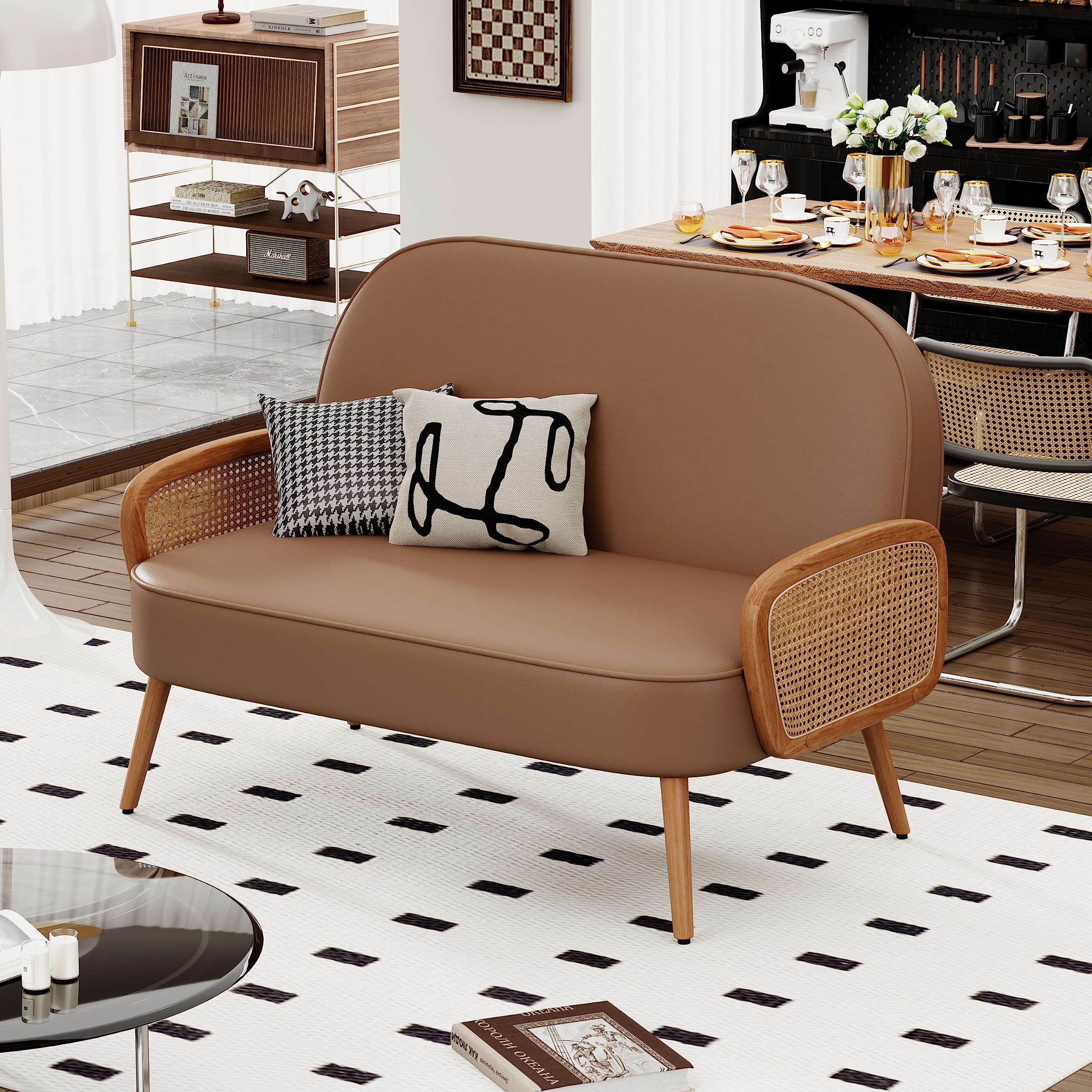 WENTMENT Loveseat Sofa Small Couch for Living Room, Faux Leather Mini Couch Love Seat with Natural Rattan Armrest and Solid Wooden Legs Small Sofa for Small Space, Bedroom, Apartment(Brown)