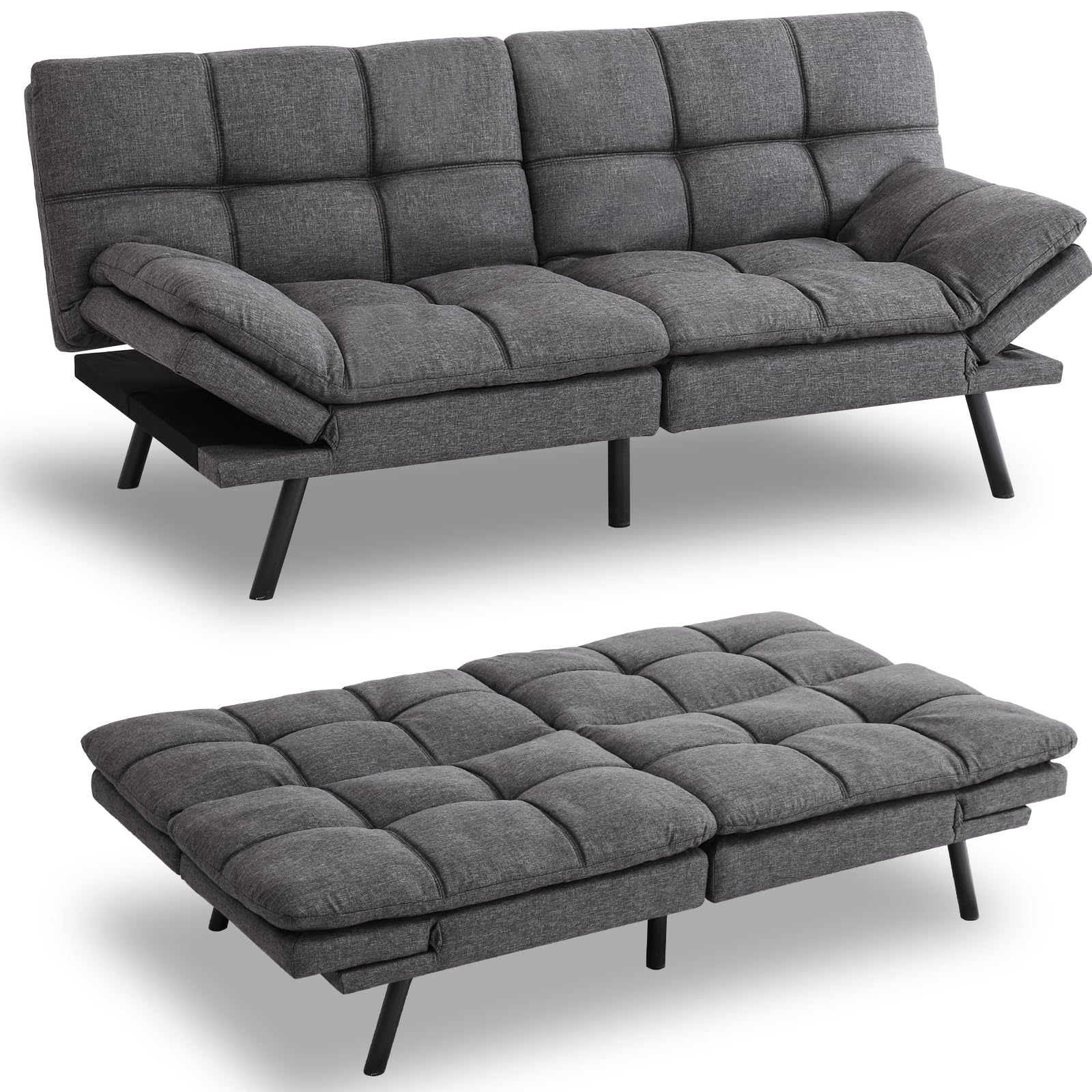 Maxspeed Futon Sofa Bed Memory Foam Couch Convertible Modern Loveseat Sleeper Sofa Adjustable ArmrestsMetal Legs,Multifunctional Futon Sofa BedLiving Room,,Small Spaces(Grey),Grey 1(267FA-DGY-06)