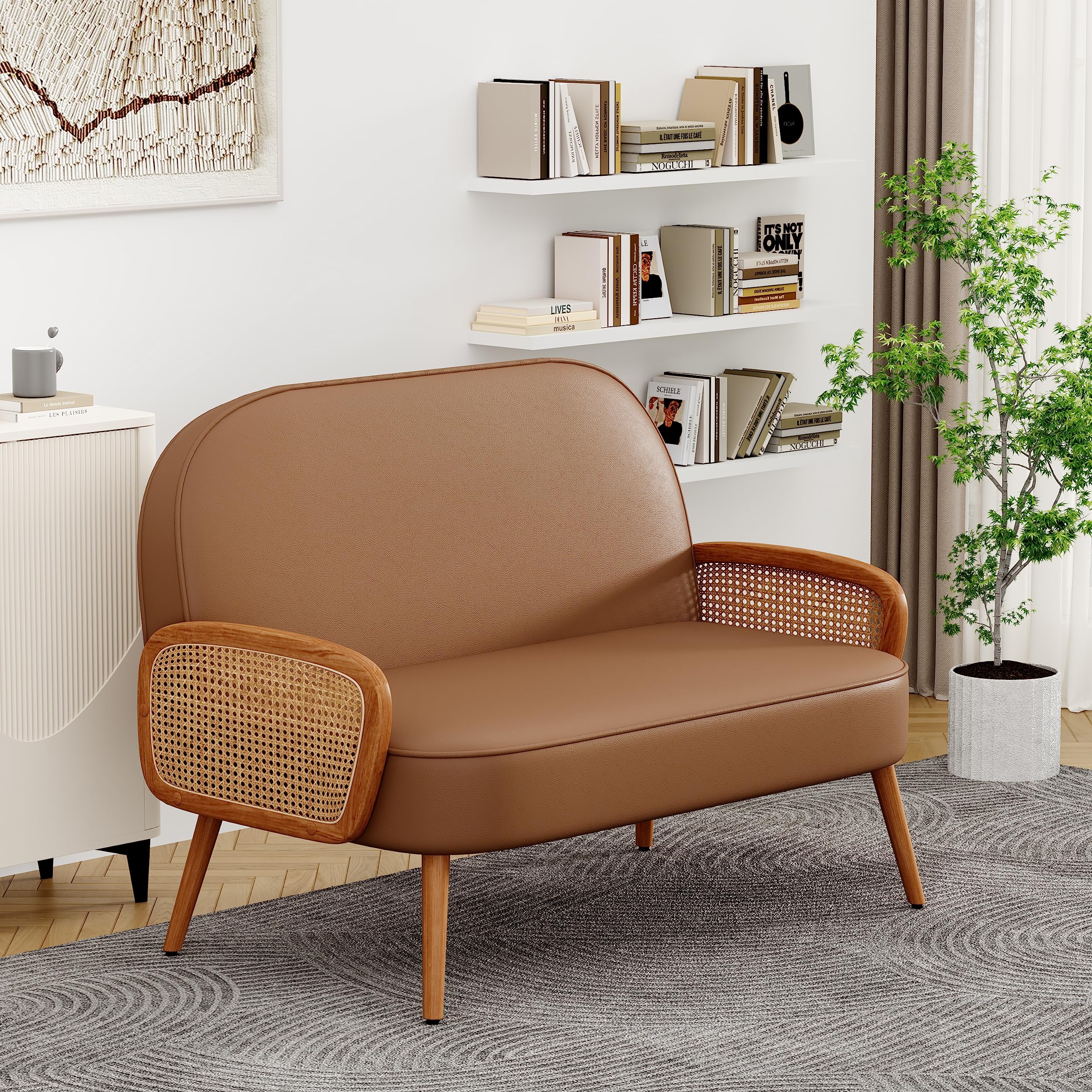WENTMENT Loveseat Sofa Small Couch for Living Room, Faux Leather Mini Couch Love Seat with Natural Rattan Armrest and Solid Wooden Legs Small Sofa for Small Space, Bedroom, Apartmentļ¼Brownļ¼