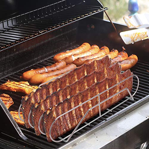 Extra Long Stainless Steel Rib Rack for Smoking and Grilling, Holds up to 3 Full Racks of Ribs, Fits 18β or Larger Gas Smoker or Charcoal Grill, Perfect Smoker Accessories Gifts for Men