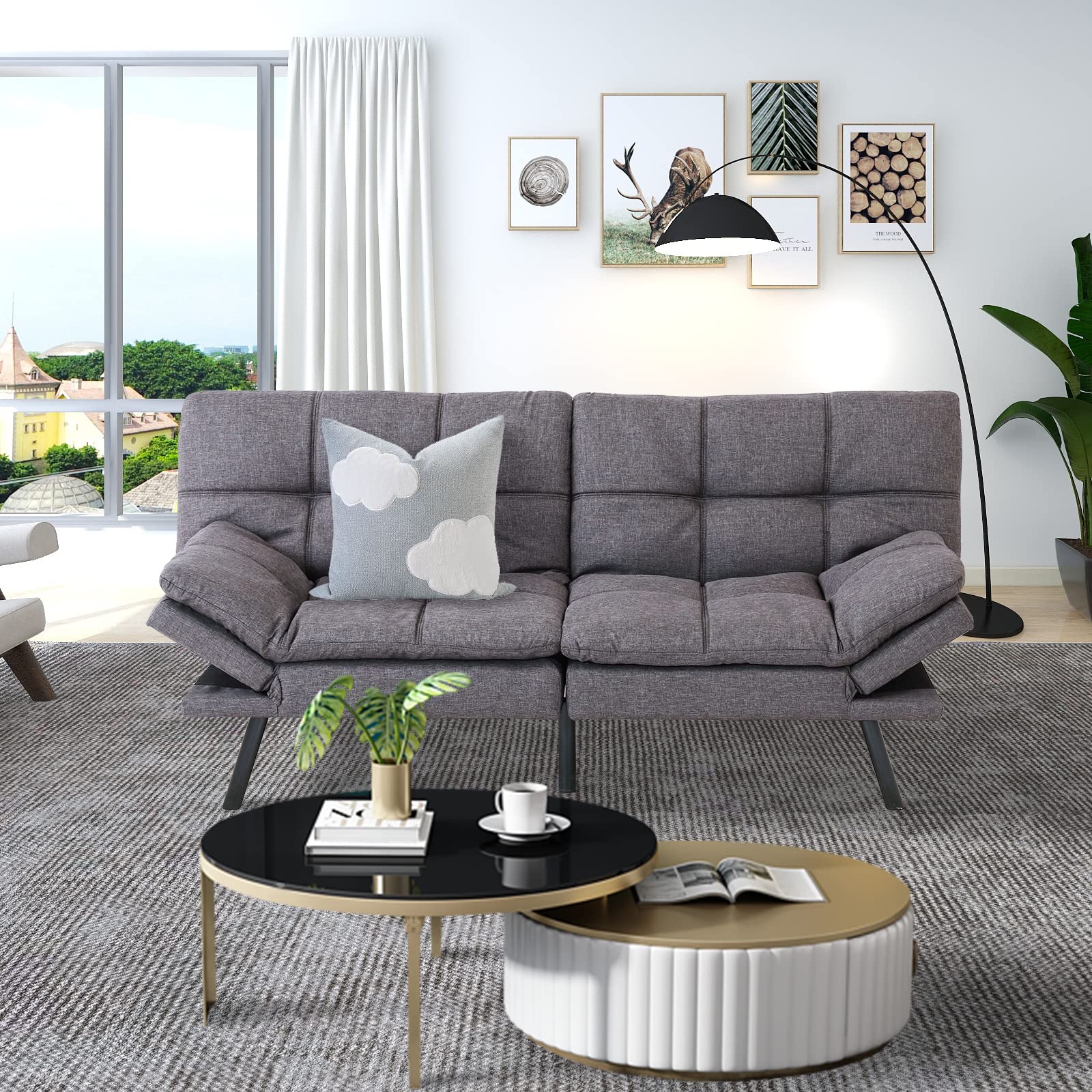 Maxspeed Futon Sofa Bed Memory Foam Couch Convertible Modern Loveseat Sleeper Sofa Adjustable ArmrestsMetal Legs,Multifunctional Futon Sofa BedLiving Room,,Small Spaces(Grey),Grey 1(267FA-DGY-06)