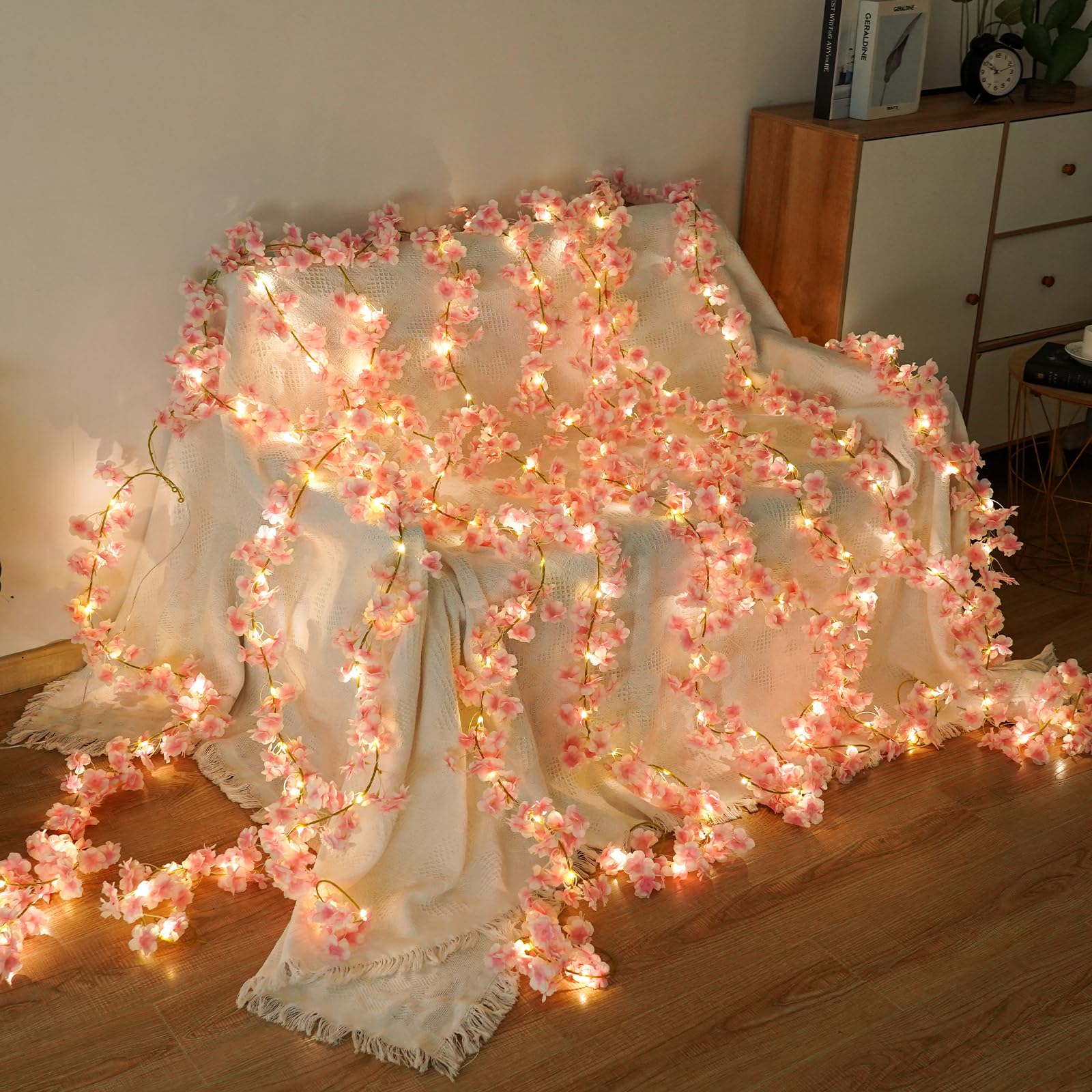 Cherry Blossom String Lights Artificial Flowers Outdoor Hanging Silk Flowers Garland for Wedding Party Home Bedroom Decor Pink Room Decor Aesthetic