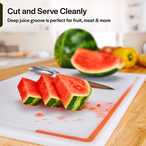 Thirteen Chefs Extra Large Cutting Board - 18 x 12 x 0.5" Plastic Cutting Boards with Juice Groove for Kitchen, BBQ Pit, Backyard Grill, Huge Dinner Parties - Dishwasher Safe Chopping Board, White