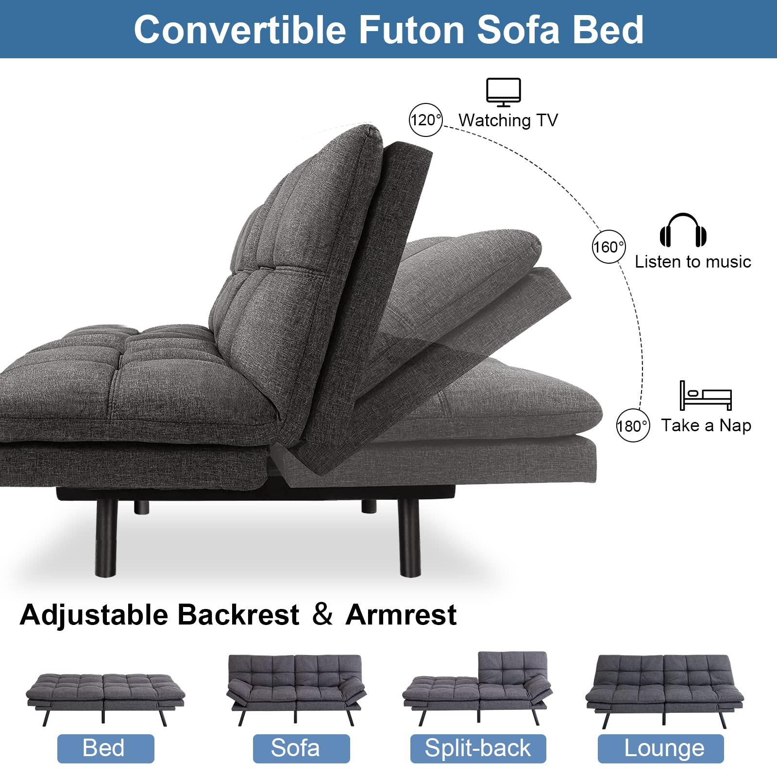 Maxspeed Futon Sofa Bed Memory Foam Couch Convertible Modern Loveseat Sleeper Sofa Adjustable ArmrestsMetal Legs,Multifunctional Futon Sofa BedLiving Room,,Small Spaces(Grey),Grey 1(267FA-DGY-06)