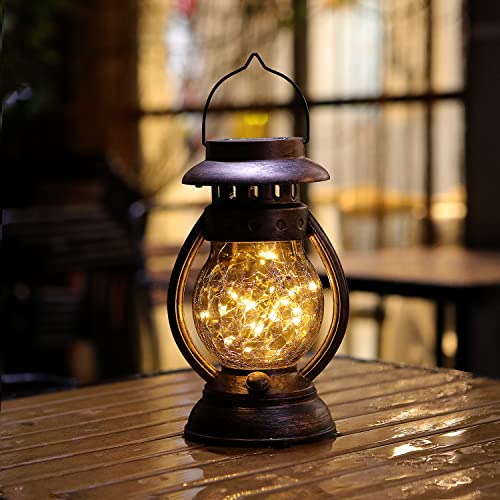 2 Pack Vintage Lantern,Halloween Outdoor Lanterns 2 Modes Option Solar Powered & Battery Operated Cracked Glass Ball Design Waterproof for Table, Garden, Patio,Weddings, Holidays(Warm White)