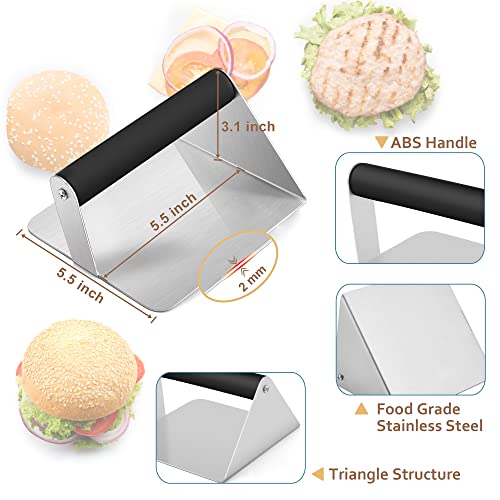 Leonyo Square 6.2 Inch Melting Dome Set of 2 & 5.5 Inch Burger Press, Heavy Duty Griddle Grill Steam Dome Lid (2 Pack), Stainless Steel Smash Bacon Grill Press for Burger Patty Cast Iron Flat Top BBQ