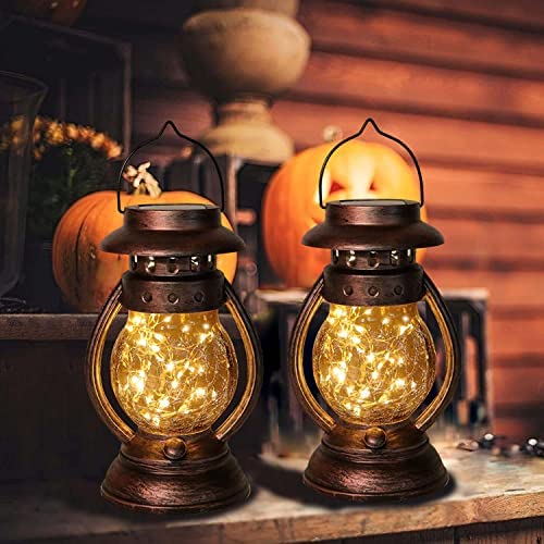 2 Pack Vintage Lantern,Halloween Outdoor Lanterns 2 Modes Option Solar Powered & Battery Operated Cracked Glass Ball Design Waterproof for Table, Garden, Patio,Weddings, Holidays(Warm White)