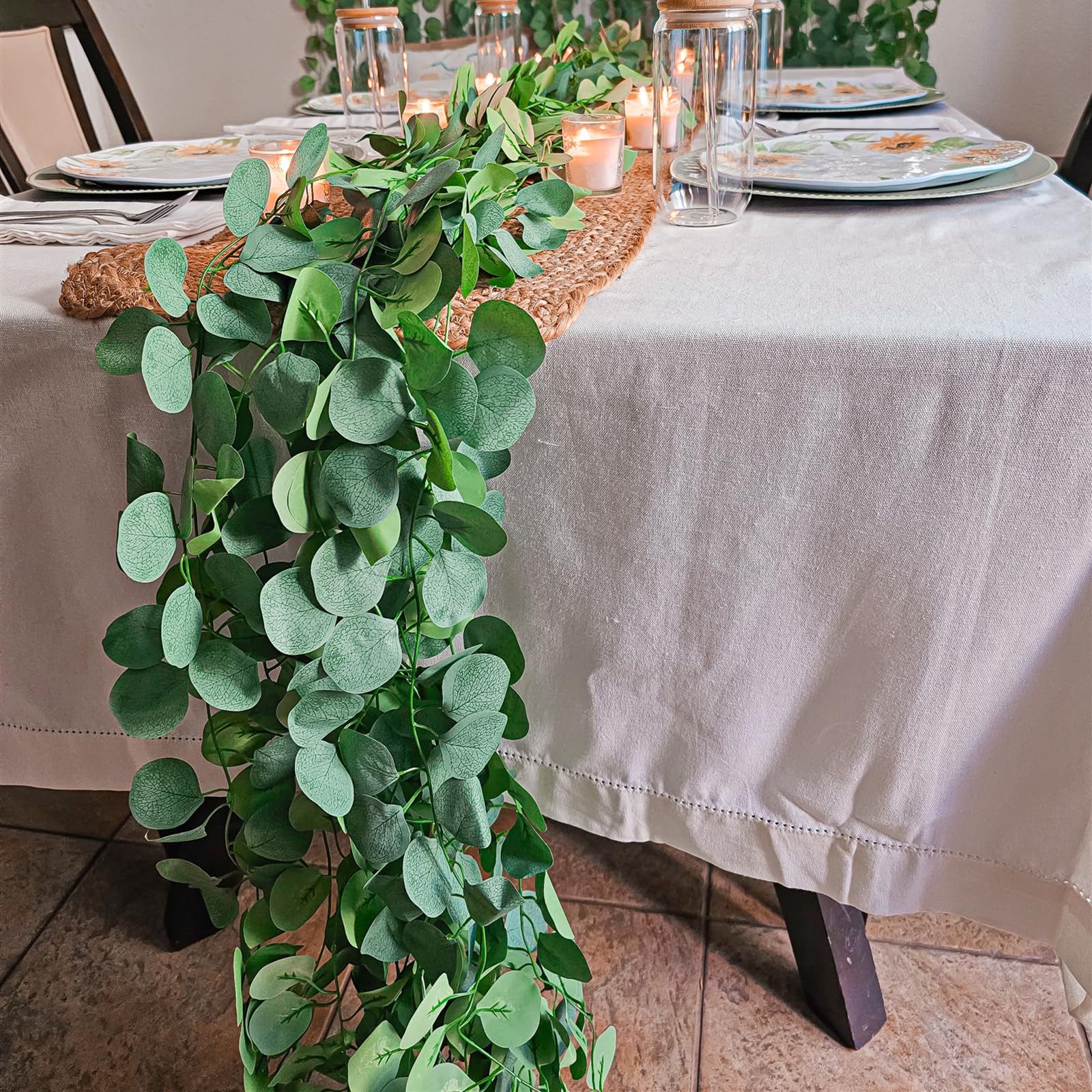 CQURE 20Pcs Eucalyptus Garland,Artificial Eucalyptus Leaves Faux Eucalyptus Garland Bulk Greenery Leaf Garland Table Runner Wreath Vines for Wedding Party Table Fireplace Bedroom Wall Room Decor