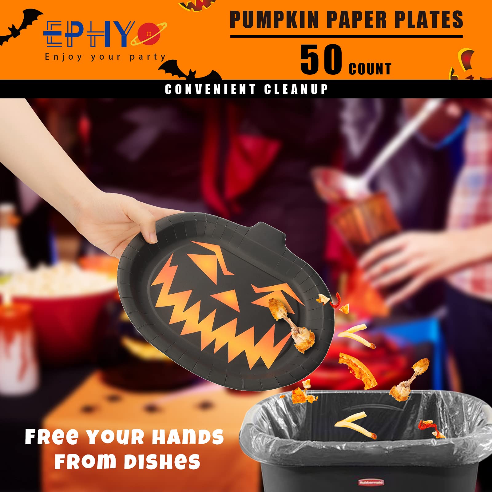 EPHYO 50 Count Halloween Paper Plates Disposable 10 x 10 Inch Party Supplies Dinnerware Plates Black Pumpkin Orange Decoration Plates