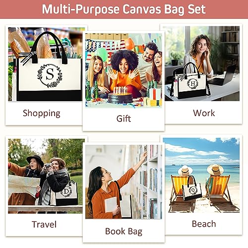 QLOVEA Large Initial Canvas Tote Bag with Zipper Travel Beach Bag with Embroidery Initial Gifts for Her Women