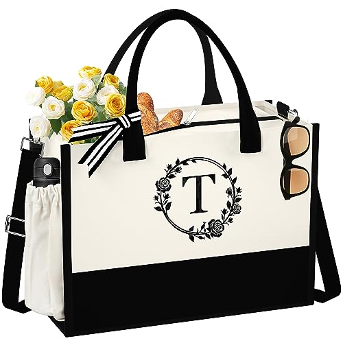 QLOVEA Large Initial Canvas Tote Bag with Zipper Travel Beach Bag with Embroidery Initial Gifts for Her Women