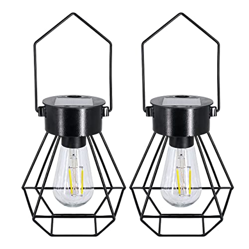 Hanging Solar Lanterns Outdoor Decor - 2 Pack Solar Decorative Table Lights with Edison Bulbs for Patio Waterproof (Black)