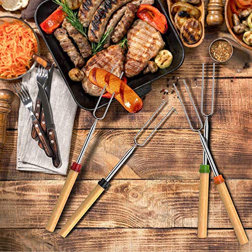 Emopeak Marshmallow Roasting Sticks 4 Pack, Roasting Sticks with Wooden Handle 32 Inch Extendable BBQ Forks Telescoping Smores Sticks for Fire Pit, Campfire