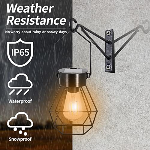 Hanging Solar Lanterns Outdoor Decor - 2 Pack Solar Decorative Table Lights with Edison Bulbs for Patio Waterproof (Black)