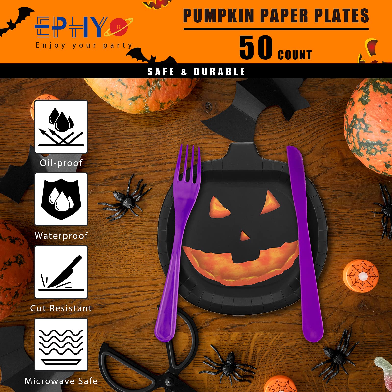 EPHYO 50Count Halloween Paper Plates 10.24 x 10in Disposable Party Supplies Black Pumpkin Dessert Dinner Birthday Party Decorations Cake Appetizer Cute Dinnerware Tableware for Kids