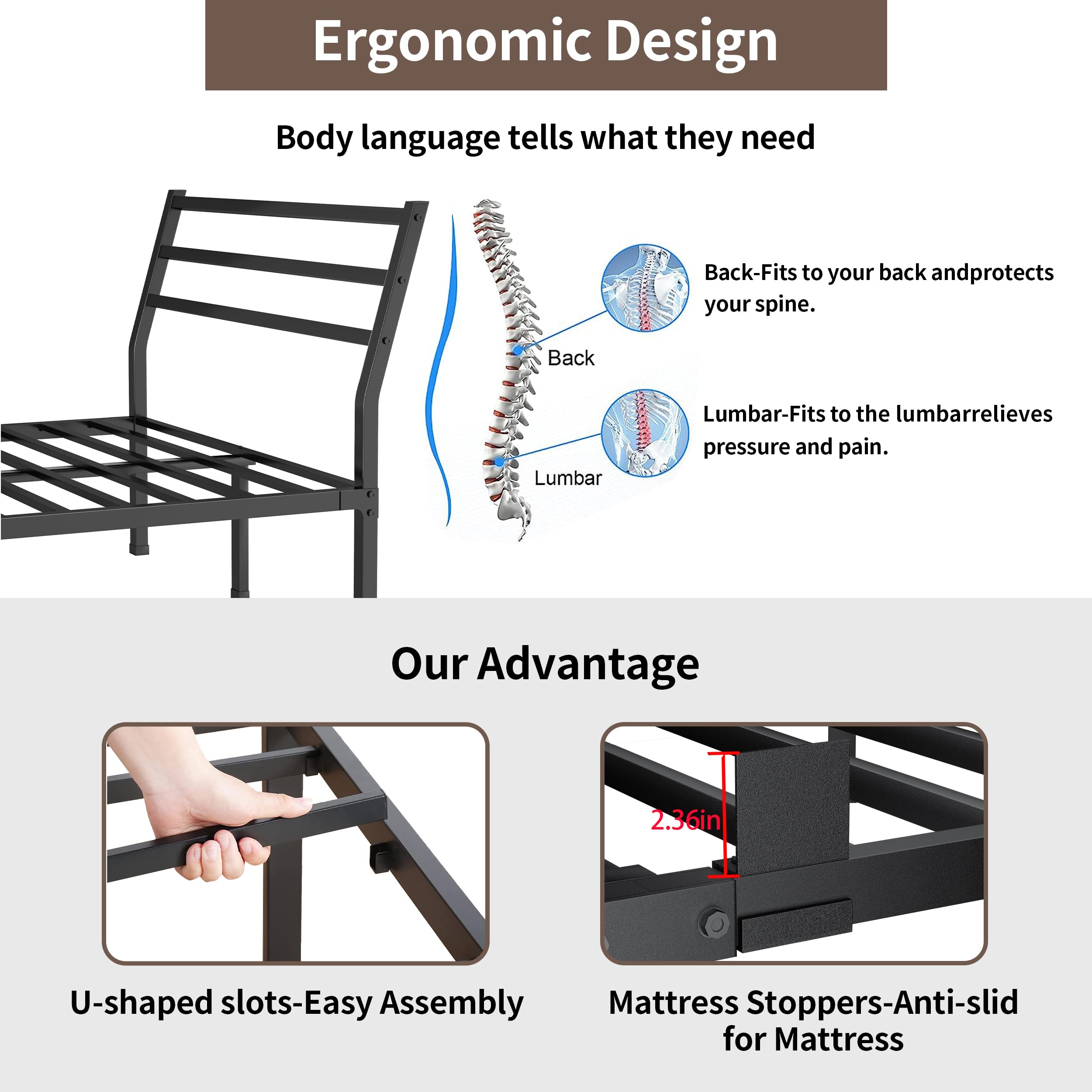 ROIL Full Size Metal Bed Frame with Headboard, 14inch Black Heavy Duty Platform with Steel Slats Support and Mattress Stoppers, 3500LBS No Box Spring Needed, Easy Assembly Noise-Free