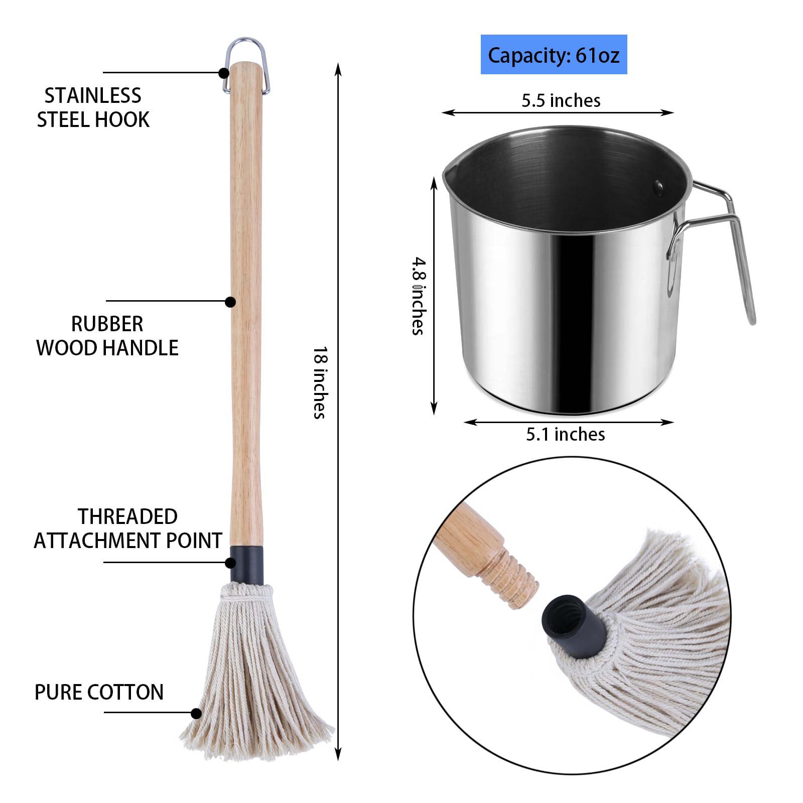 BBQ Sauce Pot and Basting Brush Set, 61 oz Stainless Steel Sauce Pan & Basting Mop Brush, Gifts for Griller, with 2Pcs Wooden Long Handle Barbecue Sauce Mops & 2Pcs Replacements