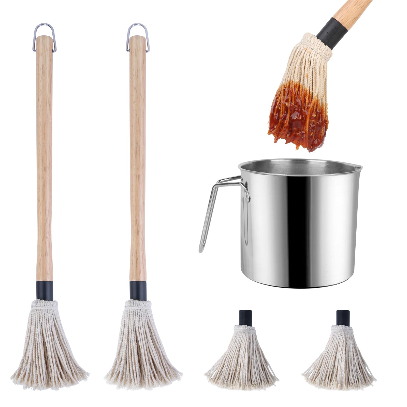 BBQ Sauce Pot and Basting Brush Set, 61 oz Stainless Steel Sauce Pan & Basting Mop Brush, Gifts for Griller, with 2Pcs Wooden Long Handle Barbecue Sauce Mops & 2Pcs Replacements