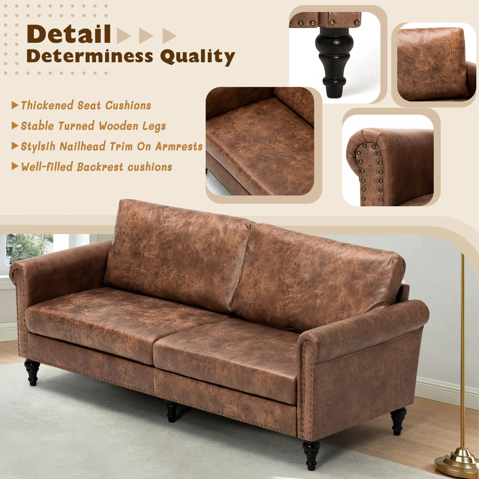 ACMEASE 80” Faux Leather Sofa with Nailhead Trim, Traditional 2 Seater Couch with Rolled Arms, Upholstered Loveseat Sofa for Living Room, Apartment, Studio, Office, Brown