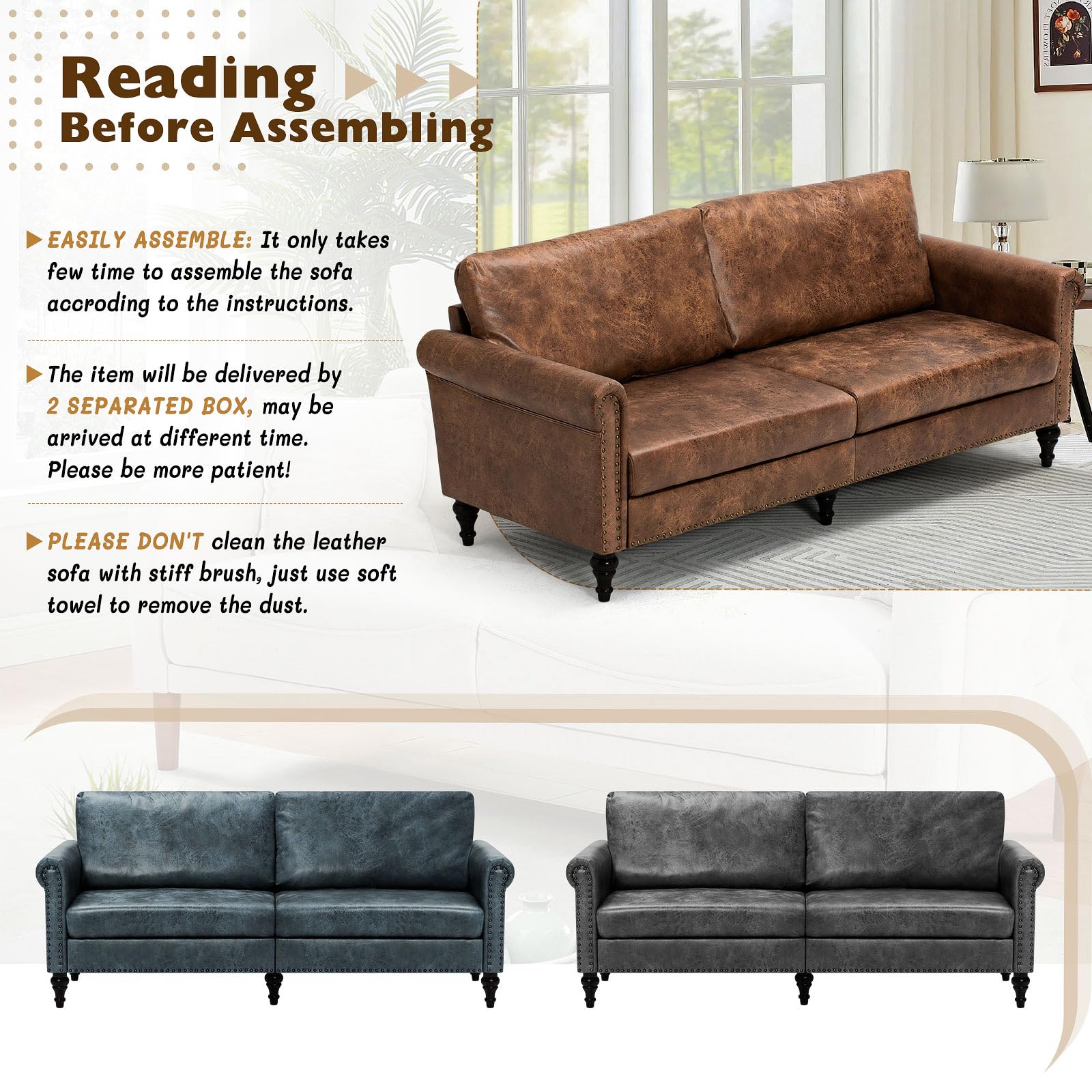 ACMEASE 80” Faux Leather Sofa with Nailhead Trim, Traditional 2 Seater Couch with Rolled Arms, Upholstered Loveseat Sofa for Living Room, Apartment, Studio, Office, Brown
