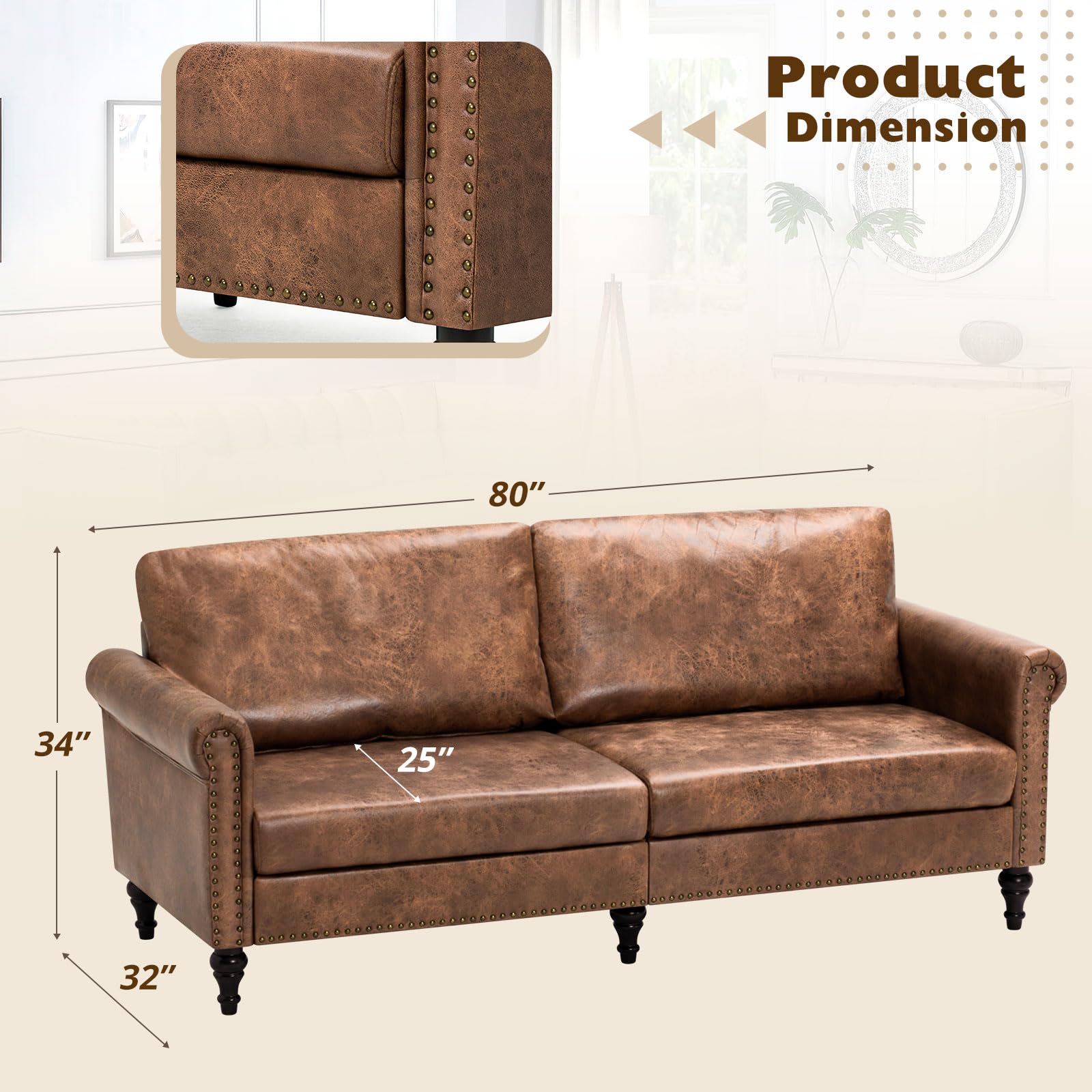 ACMEASE 80” Faux Leather Sofa with Nailhead Trim, Traditional 2 Seater Couch with Rolled Arms, Upholstered Loveseat Sofa for Living Room, Apartment, Studio, Office, Brown