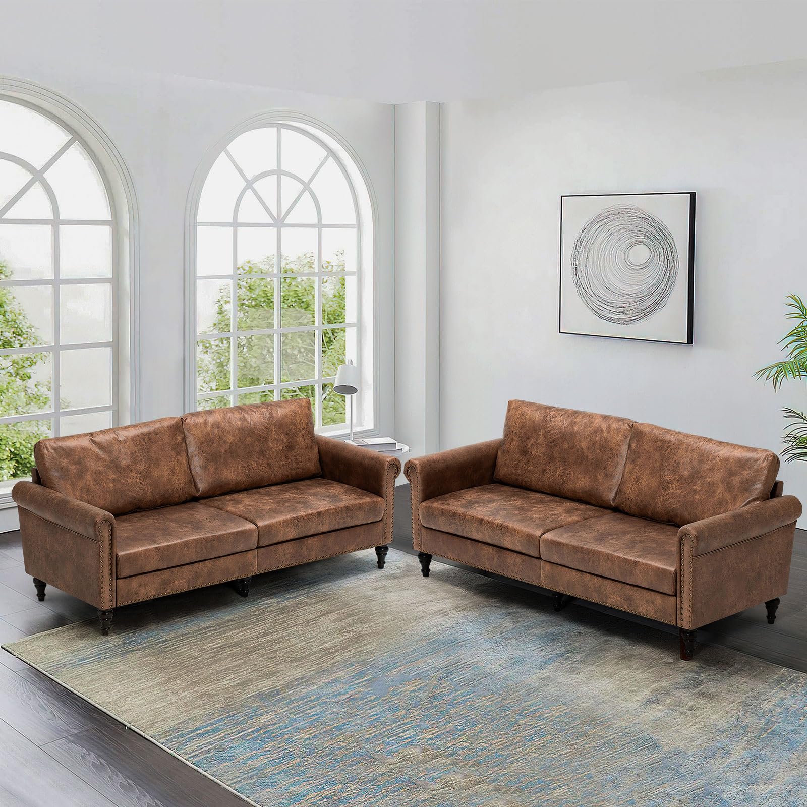 ACMEASE 80” Faux Leather Sofa with Nailhead Trim, Traditional 2 Seater Couch with Rolled Arms, Upholstered Loveseat Sofa for Living Room, Apartment, Studio, Office, Brown