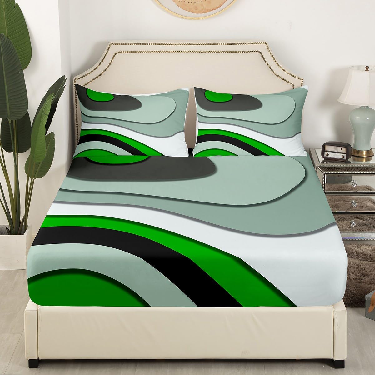 Abstract Sea Wave Bed Sheets Set Full Size, Royal Blue White and Grey Swirls Fitted Sheet, Modern Turquoise Decor Sheets, Geometric Striped Bedding Set Chic All Season Bedroom Decor, 3Pcs