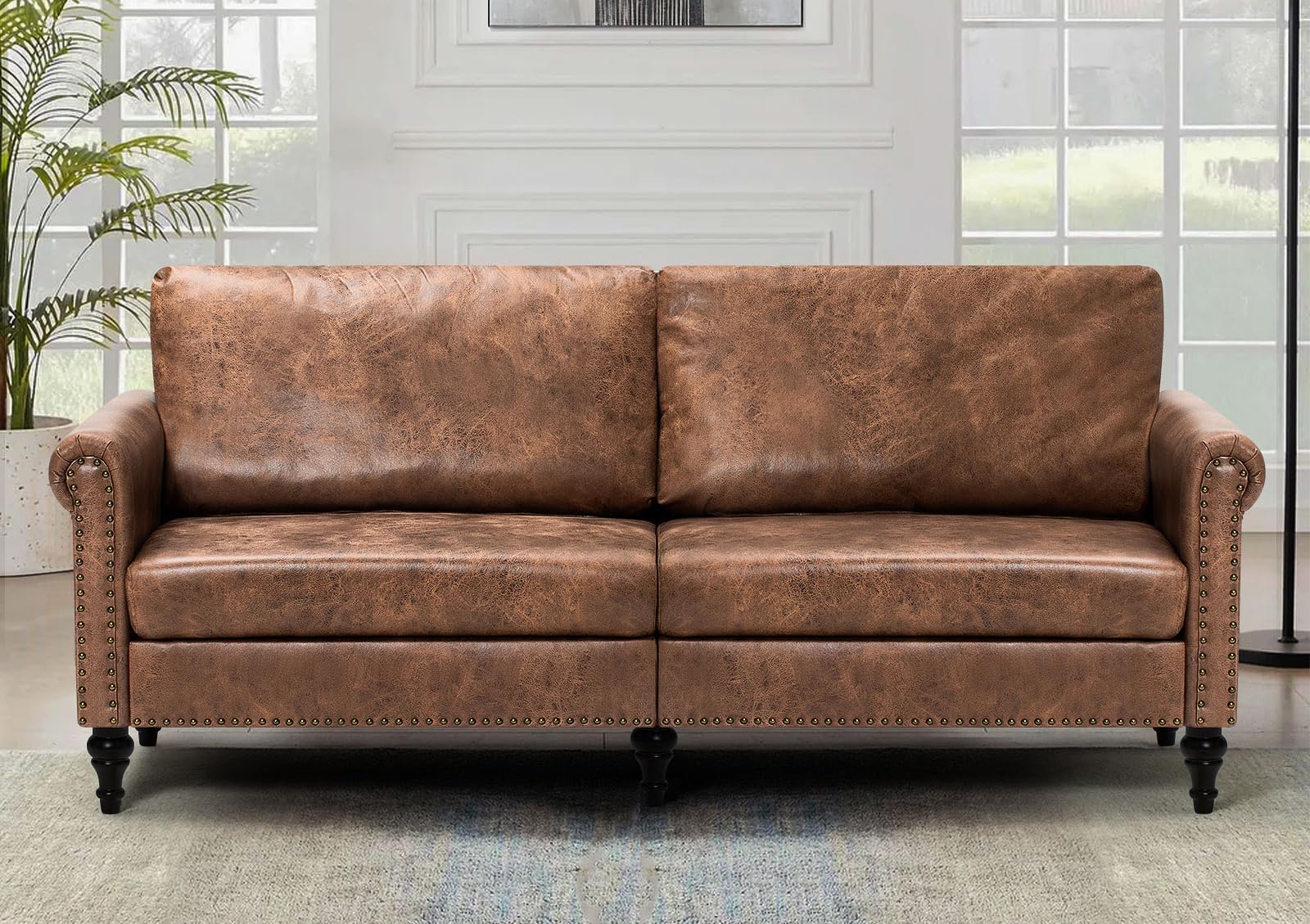 ACMEASE 80” Faux Leather Sofa with Nailhead Trim, Traditional 2 Seater Couch with Rolled Arms, Upholstered Loveseat Sofa for Living Room, Apartment, Studio, Office, Brown