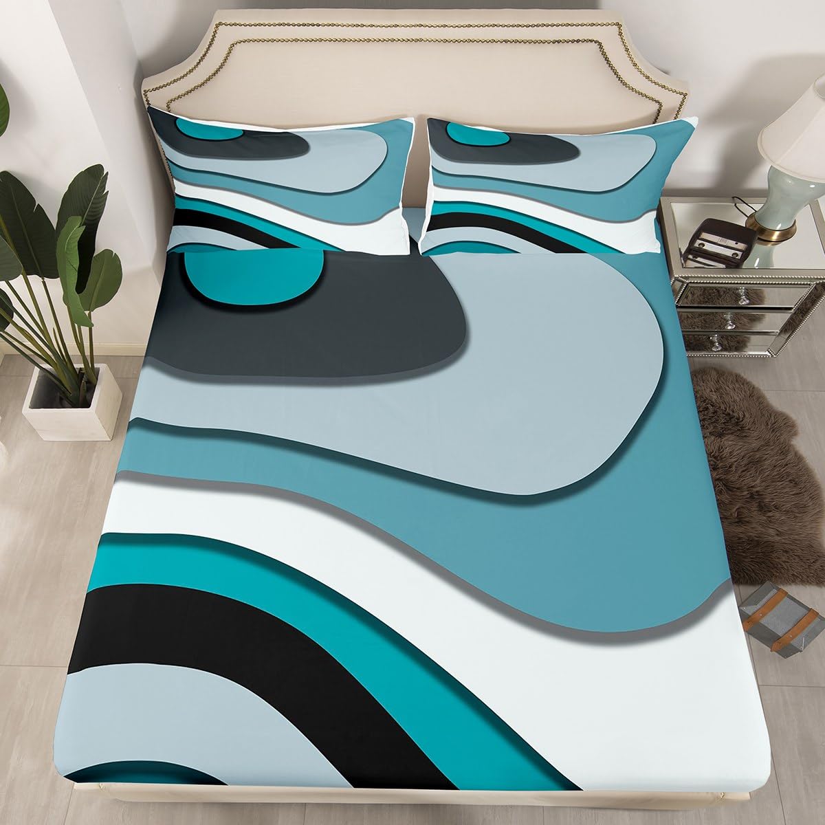 Abstract Sea Wave Bed Sheets Set Full Size, Royal Blue White and Grey Swirls Fitted Sheet, Modern Turquoise Decor Sheets, Geometric Striped Bedding Set Chic All Season Bedroom Decor, 3Pcs