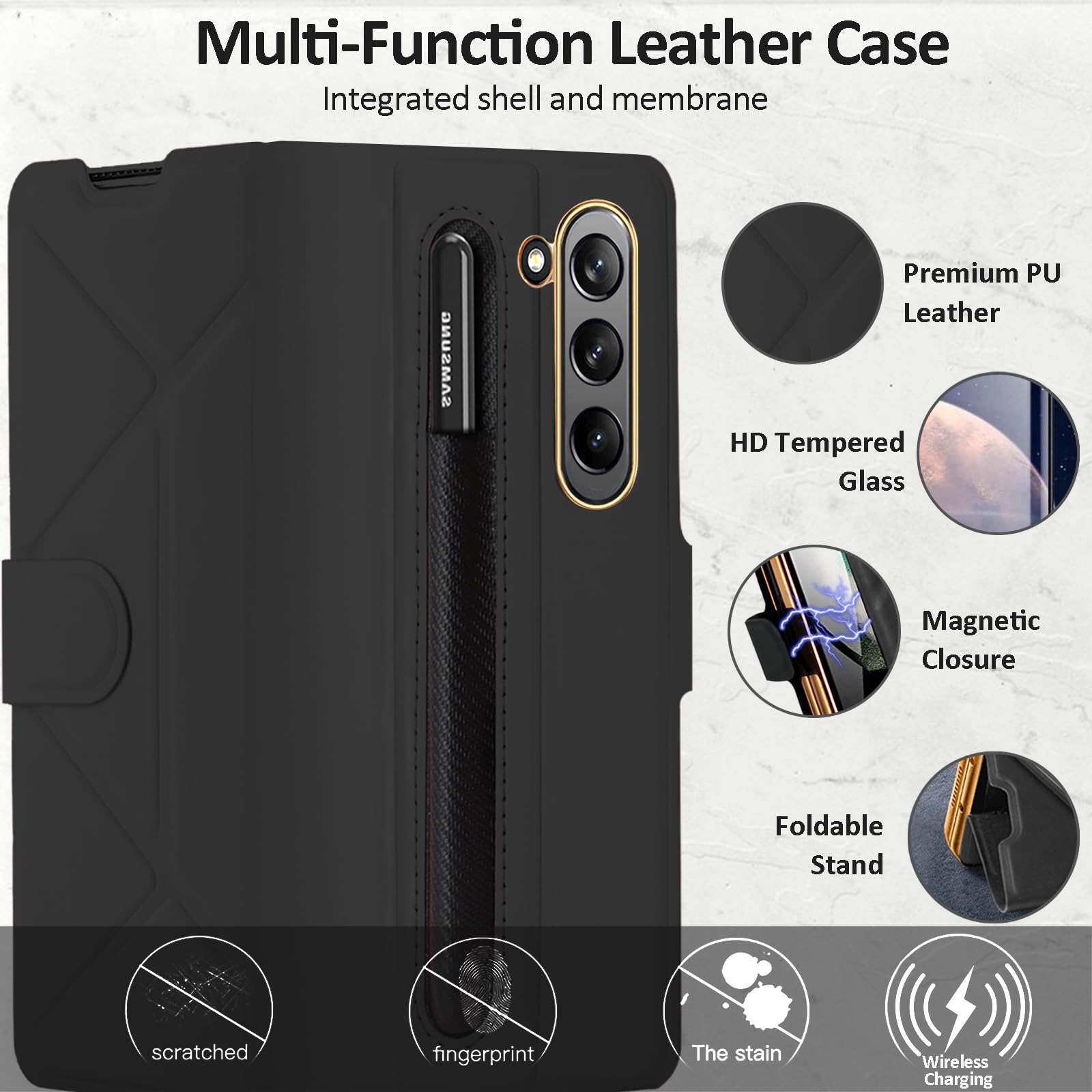 NINKI Compatible Samsung Galaxy Z Fold 5 Case with S Pen Holder & Screen Protector,Shockproof Luxury PU Leather+PC Protective Cover Stand Case for Samsung Z Fold 5 5g Phone Case with Kickstand Black