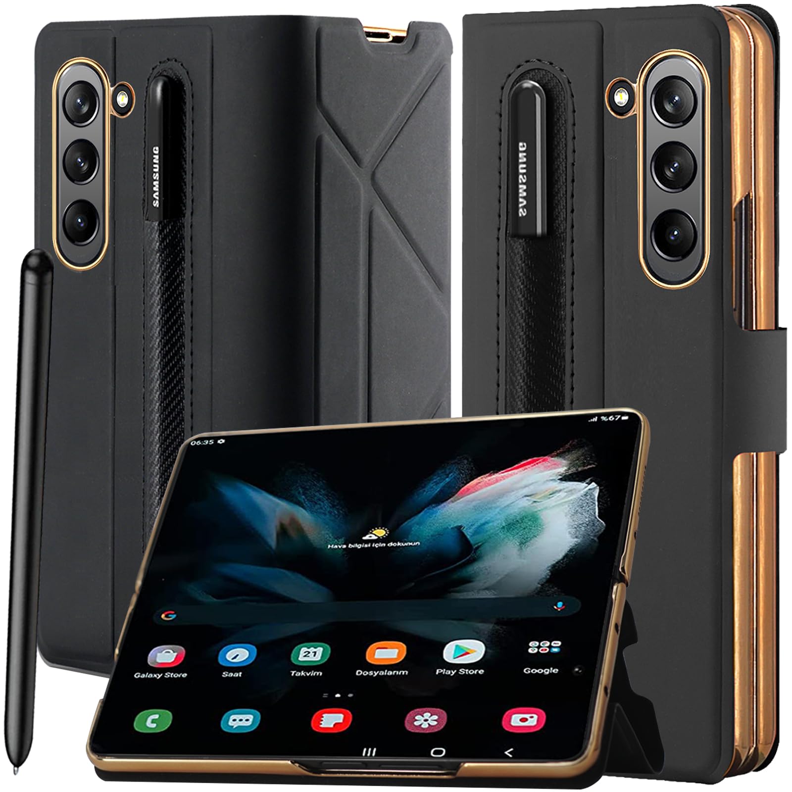 NINKI Compatible Samsung Galaxy Z Fold 5 Case with S Pen Holder & Screen Protector,Shockproof Luxury PU Leather+PC Protective Cover Stand Case for Samsung Z Fold 5 5g Phone Case with Kickstand Black