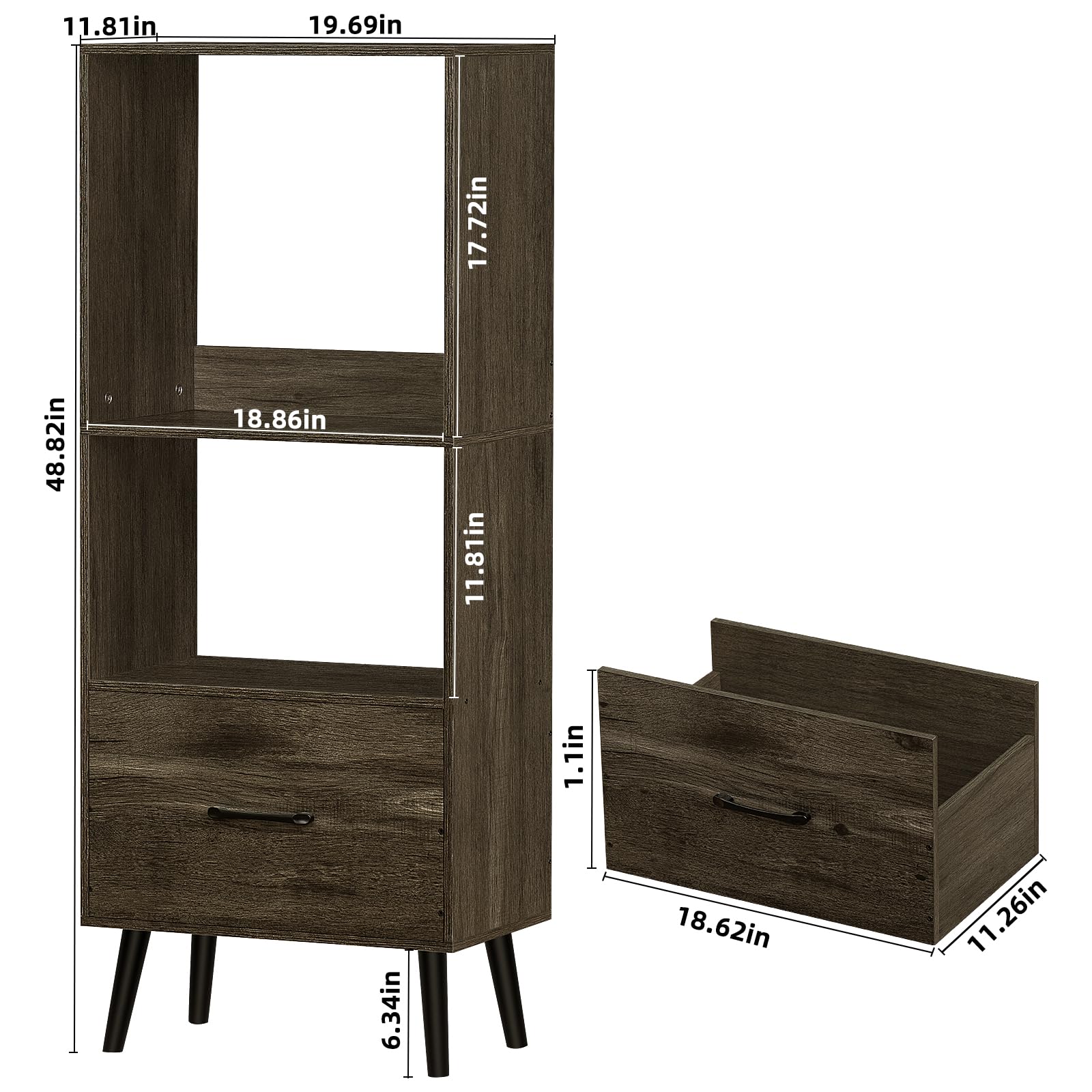 LELELINKY Open Bookshelf, 3 Tier Black Mid Century Modern Book Shelf with Drawers and Legs, Wood Bookcase with Storage Organizer Shelves for Bedroom, Living Room, Office
