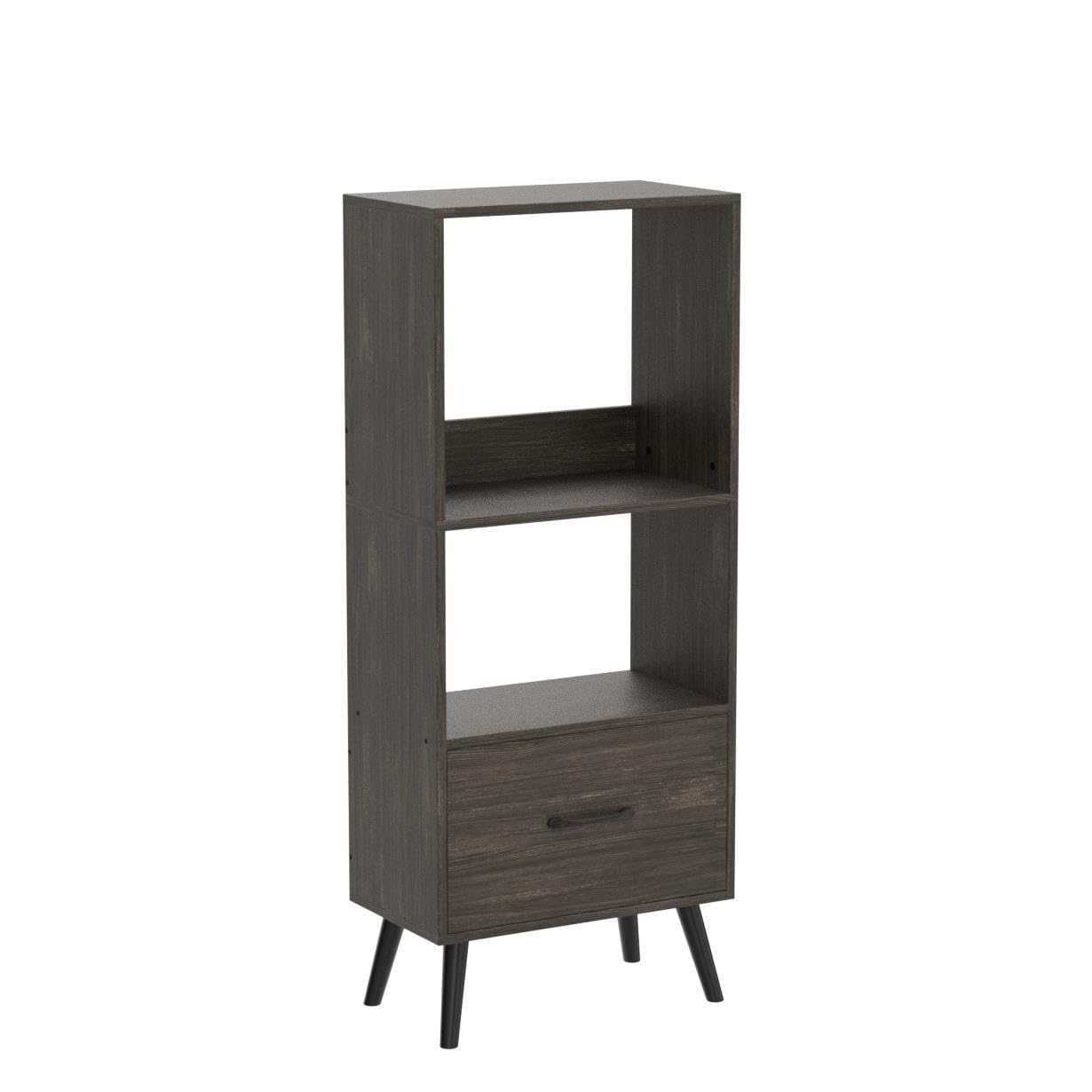LELELINKY Open Bookshelf, 3 Tier Black Mid Century Modern Book Shelf with Drawers and Legs, Wood Bookcase with Storage Organizer Shelves for Bedroom, Living Room, Office