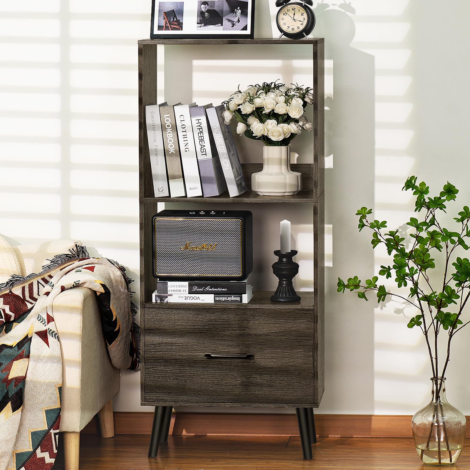 LELELINKY Open Bookshelf, 3 Tier Black Mid Century Modern Book Shelf with Drawers and Legs, Wood Bookcase with Storage Organizer Shelves for Bedroom, Living Room, Office