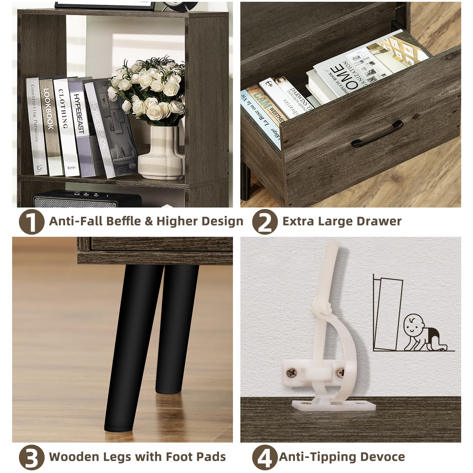 LELELINKY Open Bookshelf, 3 Tier Black Mid Century Modern Book Shelf with Drawers and Legs, Wood Bookcase with Storage Organizer Shelves for Bedroom, Living Room, Office