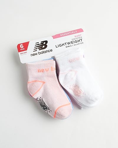 New Balance Baby Girls' Socks - 6 Pack Cushion Quarter Cut Socks Socks (Infant/Toddler), Size 12-24 Months, Pink/Blue/White