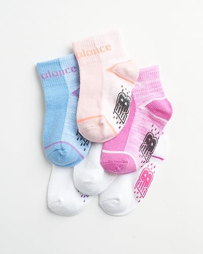 New Balance Baby Girls' Socks - 6 Pack Cushion Quarter Cut Socks Socks (Infant/Toddler), Size 12-24 Months, Pink/Blue/White