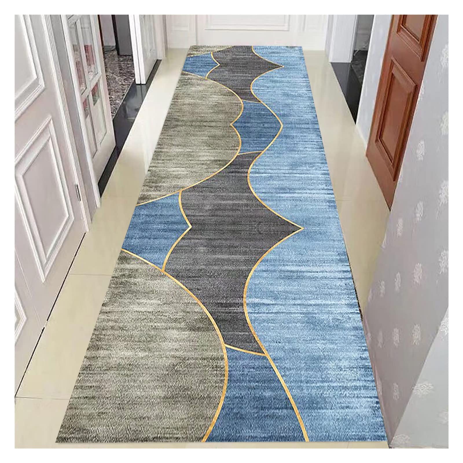 Gray & Blue Entry Carpet Runner Rugs for Hallway, 5 6 7 8 9 10 11 12 13 14 15 18 20ft Long, 2 2.6 3 4ft Wide, Washable Thin Floor Mat (0.6x3.4m/2x11ft)