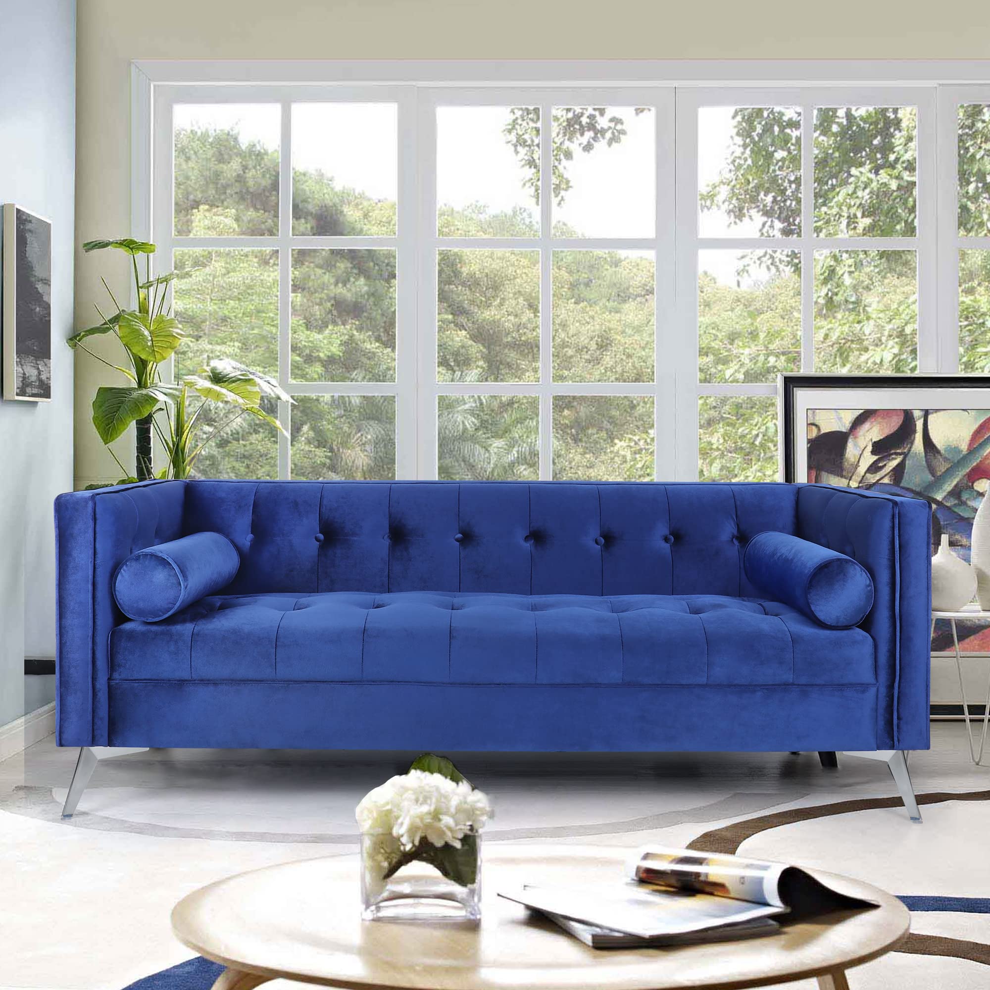wirrytor Mid-Century Velvet Chesterfield Sofa Couch, Modern LoveSeats Sofa Furniture, Upholstered Button Tufted Couch with 2 Bolster Pillows for Living Room Apartment (Blue)