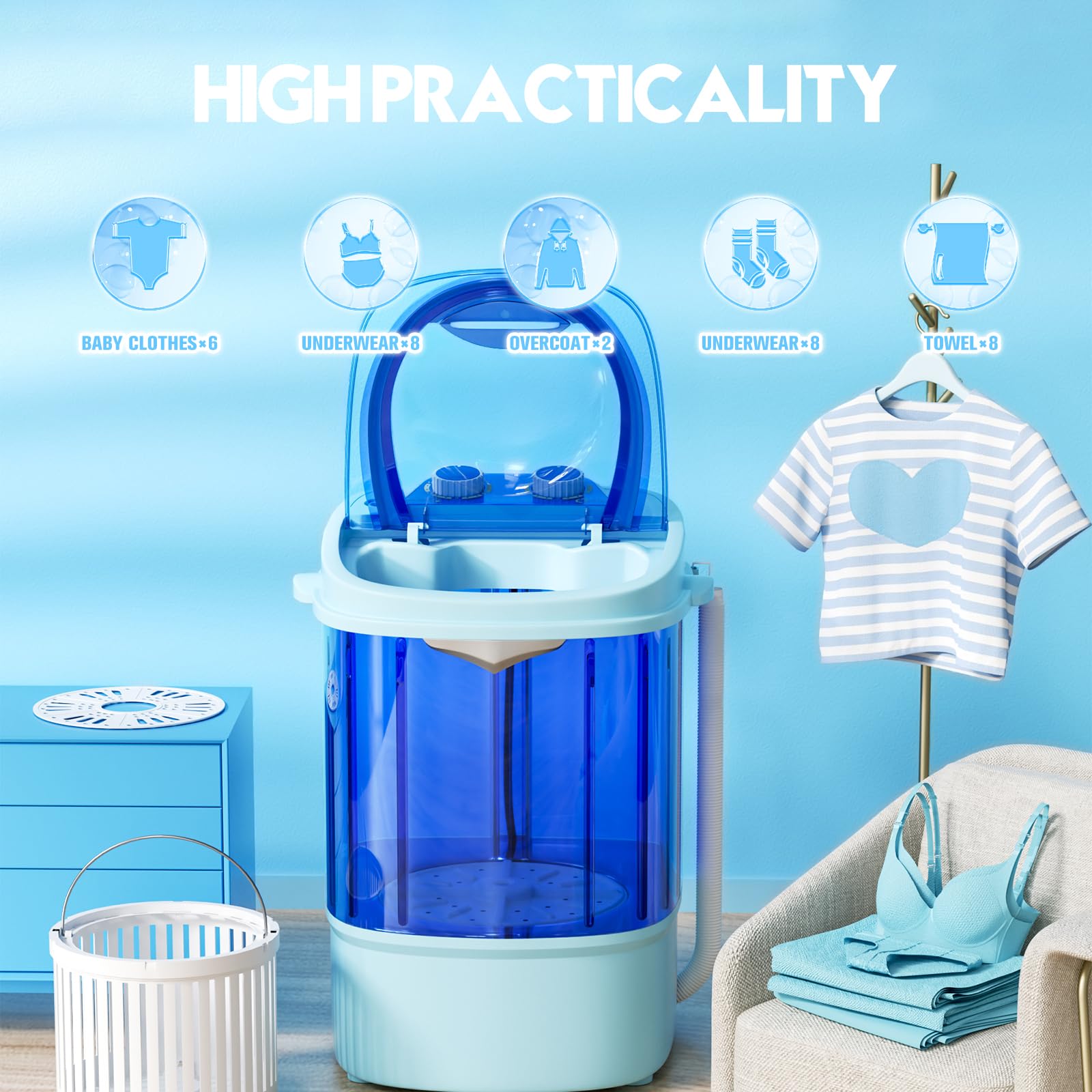 INTERGREAT Portable Washing Machine, 11 Lbs Mini Small Washer Machine, Single Tub Laundry Washer for Apartments, Dorms,Traveling, RV, Blue