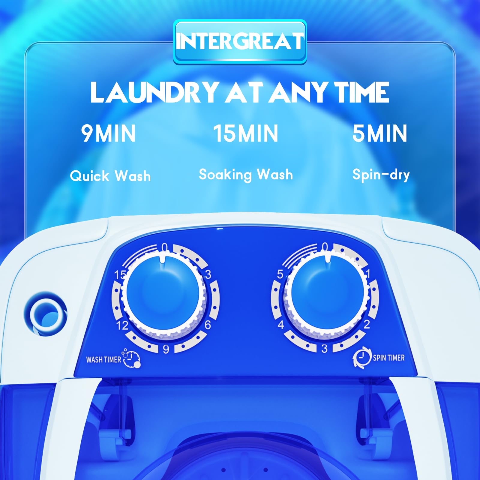 INTERGREAT Portable Washing Machine, 11 Lbs Mini Small Washer Machine, Single Tub Laundry Washer for Apartments, Dorms,Traveling, RV, Blue