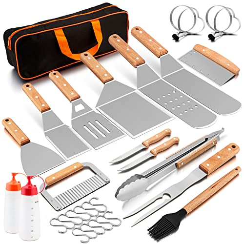 HaSteeL Griddle Accessories Set of 20, Stainless Steel Griddle Spatula Tools Kit with Carrying Bag, Complete Heavy Duty Metal Spatulas for Teppanyaki BBQ/Flat Top/Cast Iron Cooking Grilling Camping