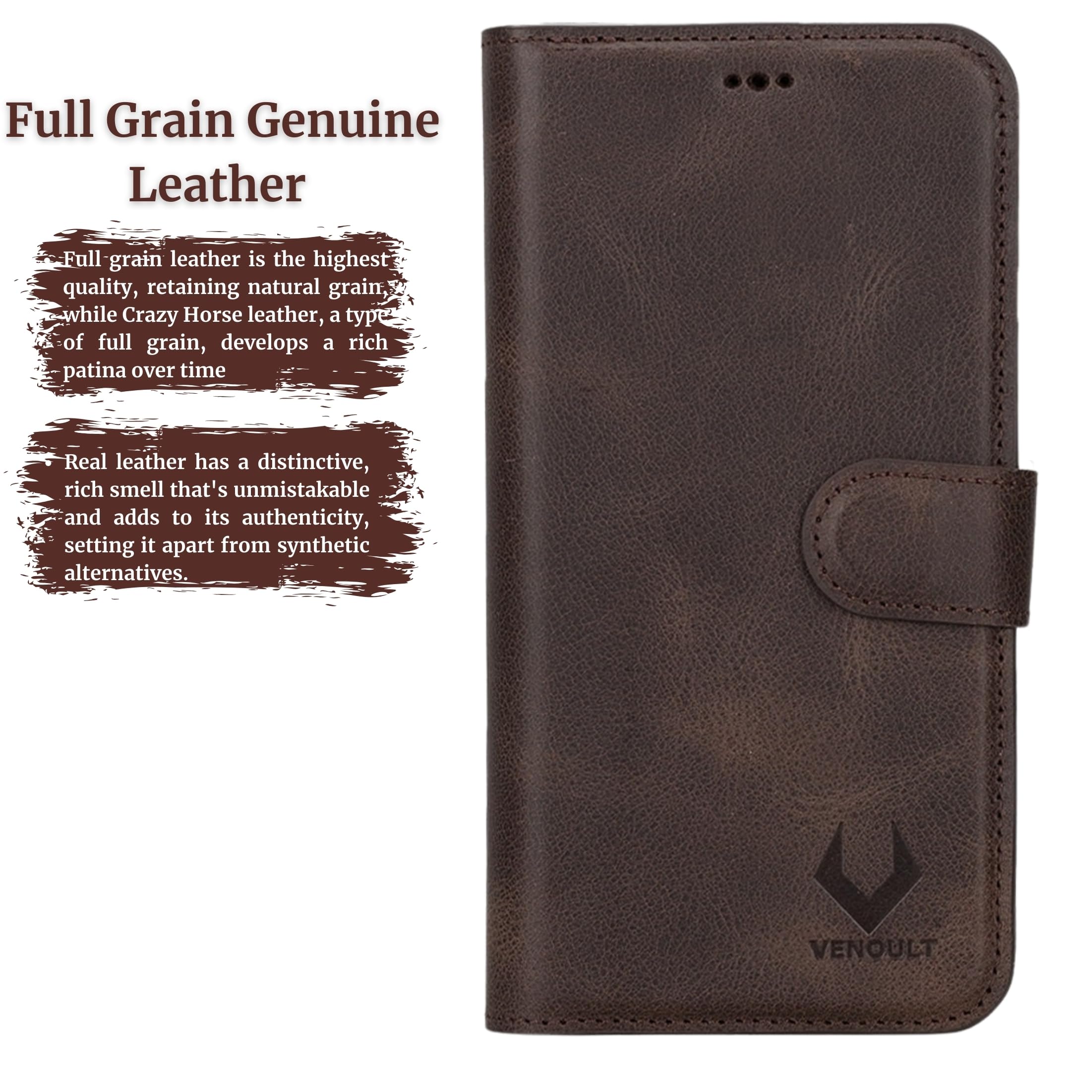 VENOULT Detachable Leather Wallet Case for iPhone 15 Pro, Man or Women Folio Cover, Compatible with Magsafe, RFID, Genuine Leather Card Holder Flip Case, Kick Stand (Chocolate Brown)